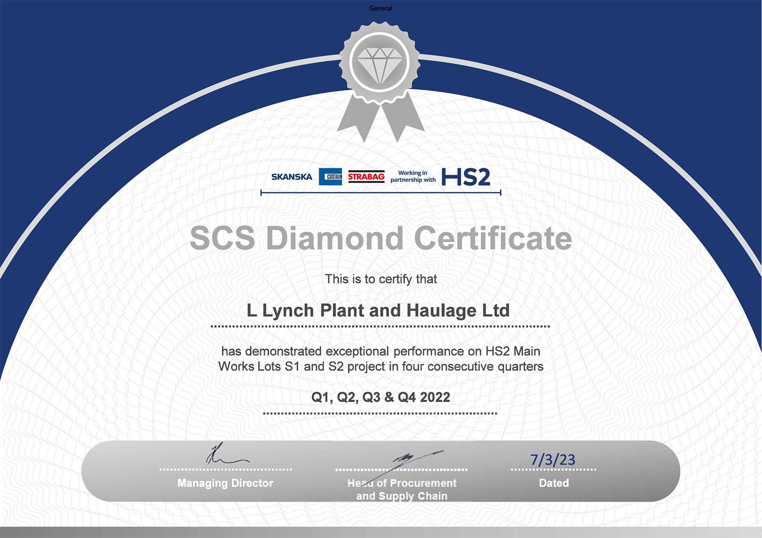 Lynch awarded SCS JV Diamond Certification